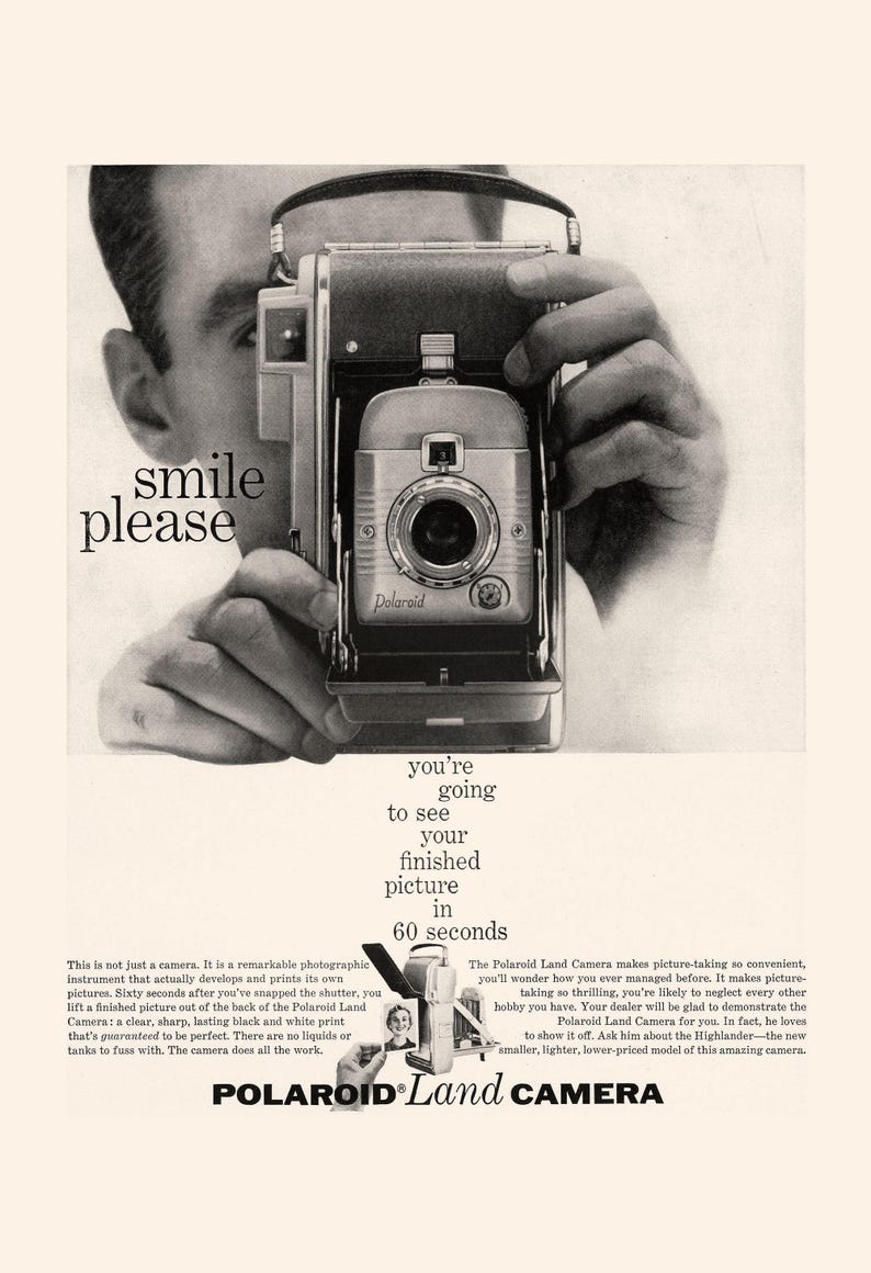 VINTAGE CAMERA ART, Retro Instant Photo Camera Ad, Vintage Camera ...