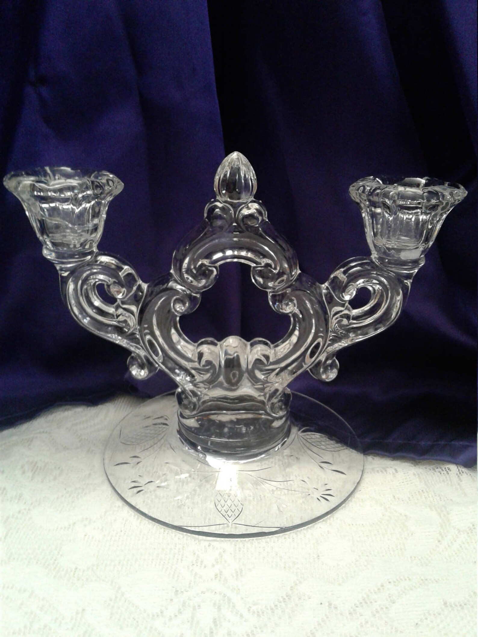Cambridge Glass Double Candle Holder, Key Hole Design, Cut Daisies ...