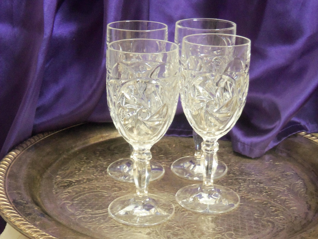 Hobstar Whirled Pinwheel Wine Goblets, Set of Four, Hand Blown Heavy ...