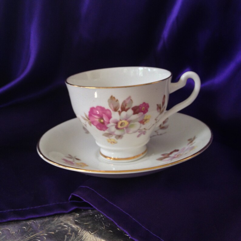 Clare Bone China Teacup, Pink and White Blossoms, Gold Trim, Footed ...