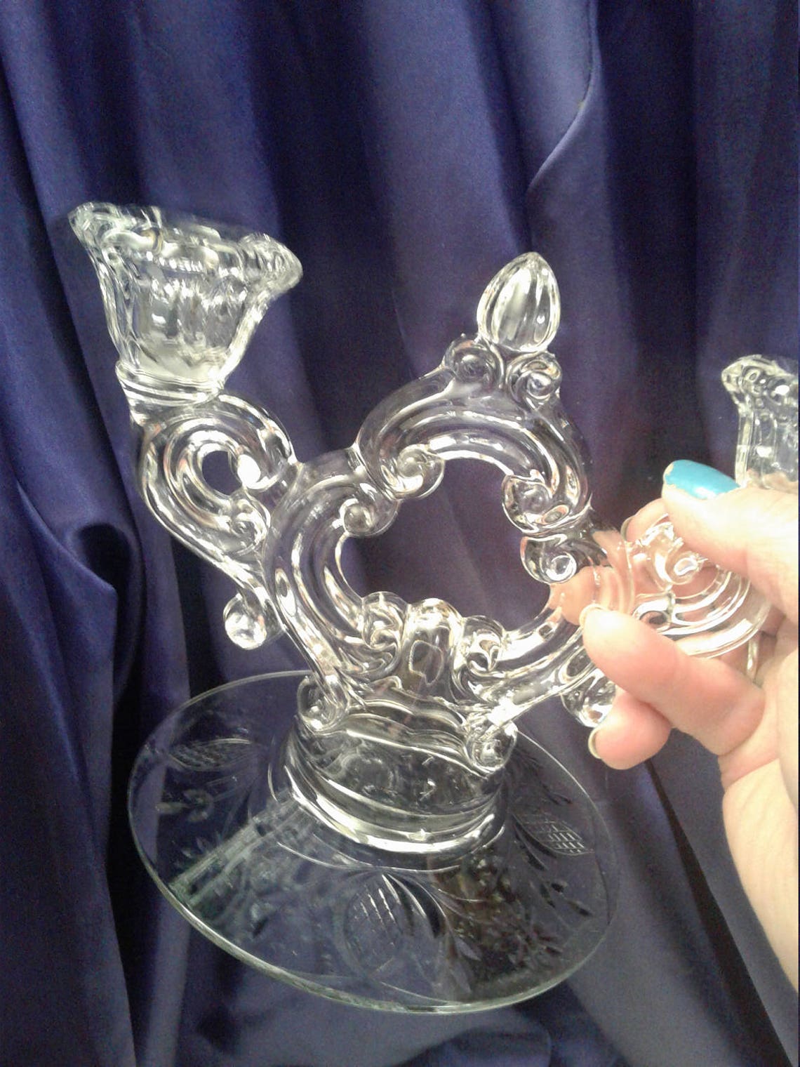 Cambridge Glass Double Candle Holder, Key Hole Design, Cut Daisies ...