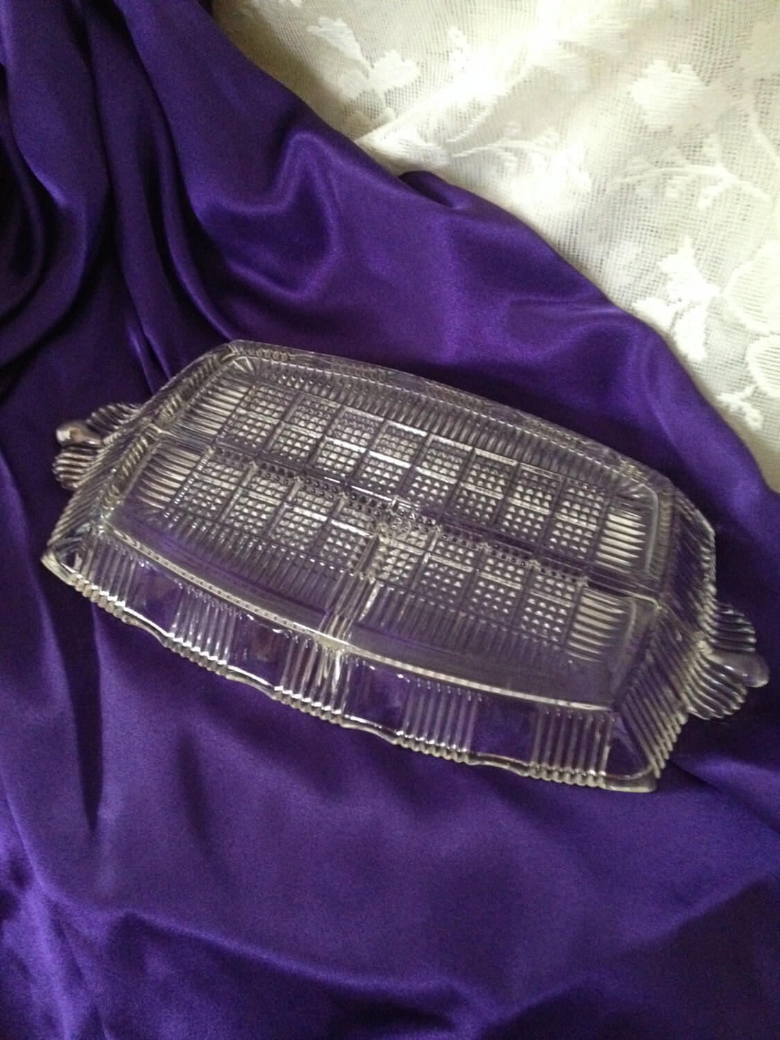 Glass Relish Dish Three Divisions, Diamond Point Optic Glass Block ...