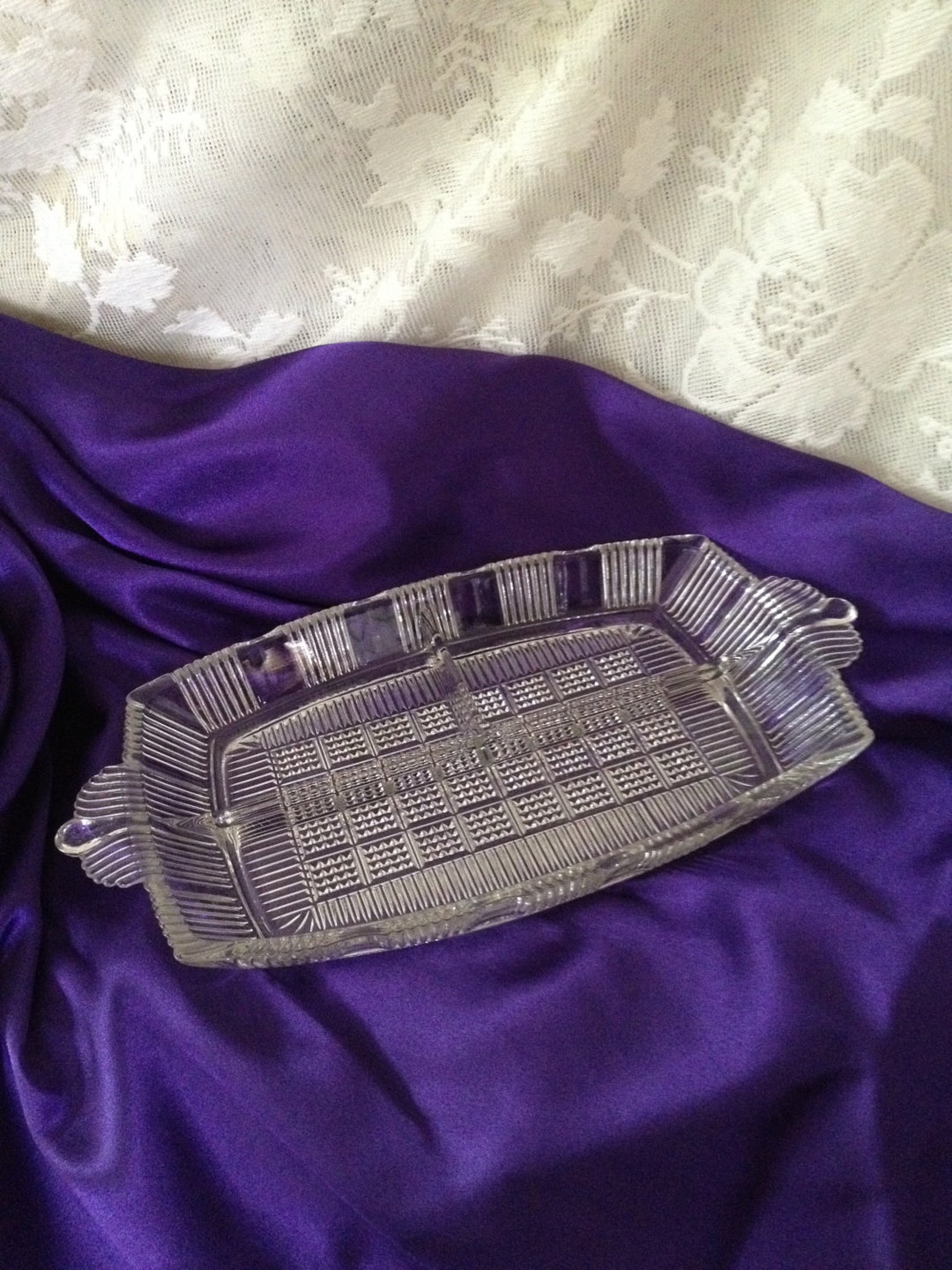 Glass Relish Dish Three Divisions, Diamond Point Optic Glass Block ...