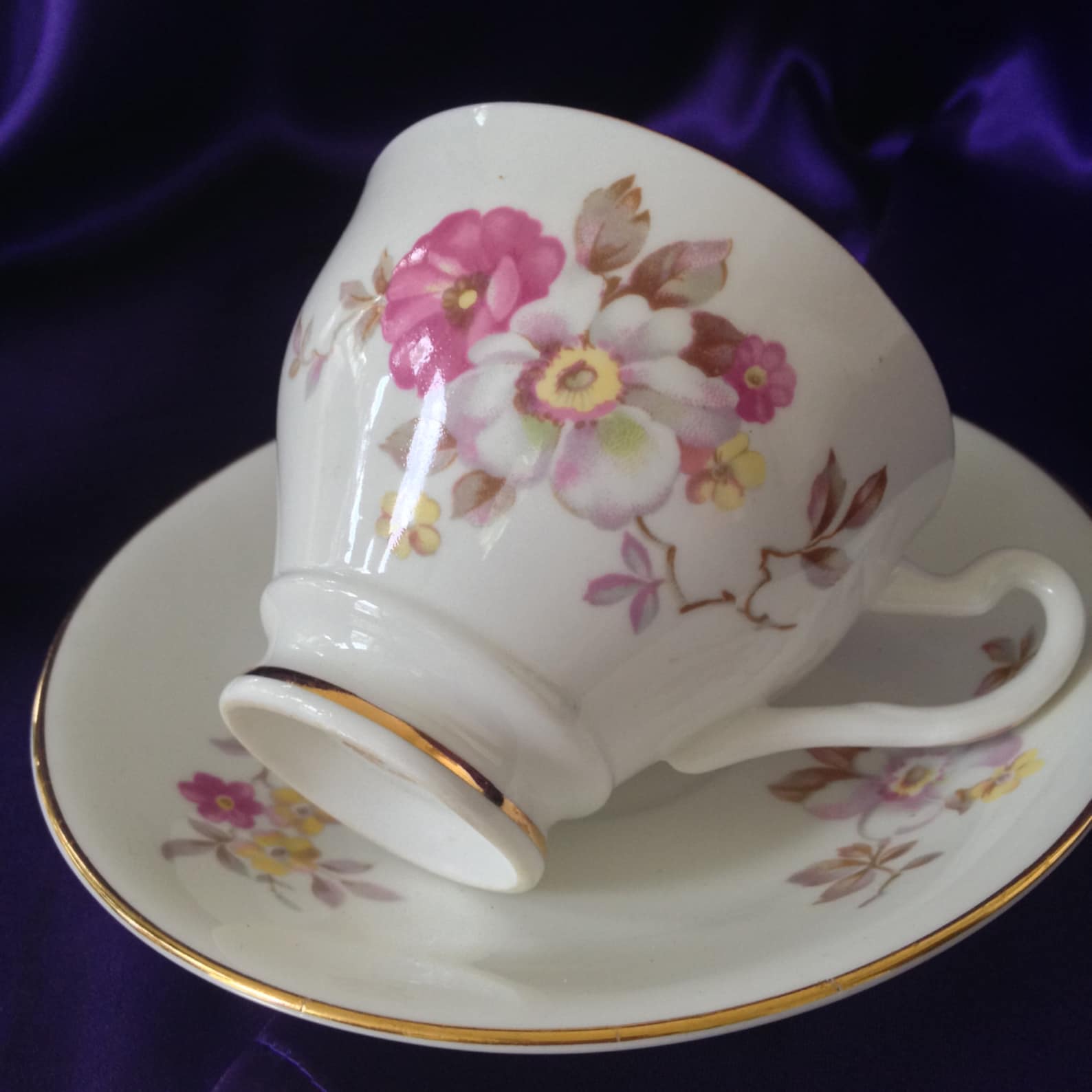 Clare Bone China Teacup, Pink and White Blossoms, Gold Trim, Footed ...