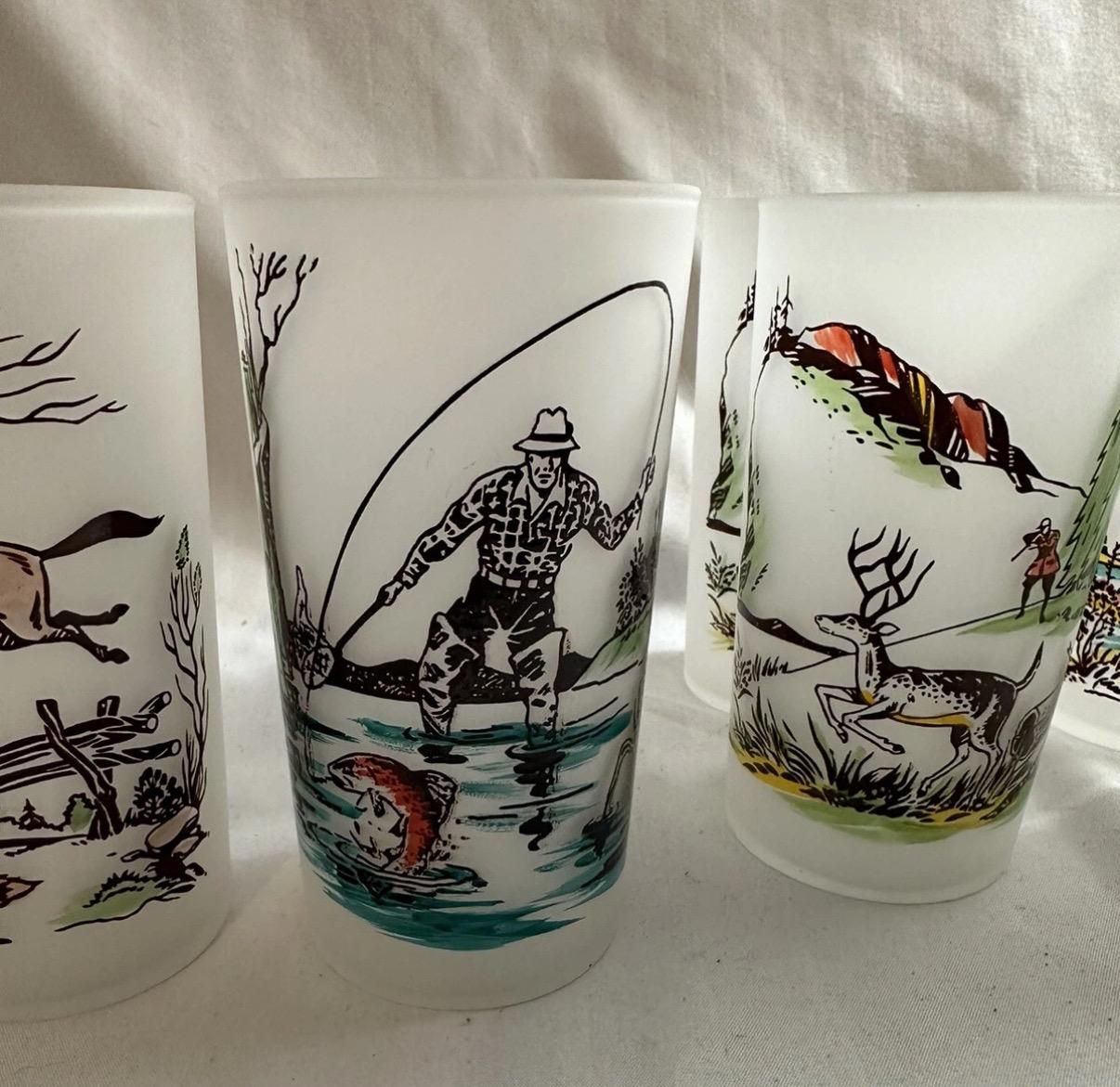 6 Libbey Rare Vintage Frosted Hunt Fish Bird Dog Tumbler Glasses 10 Oz ...