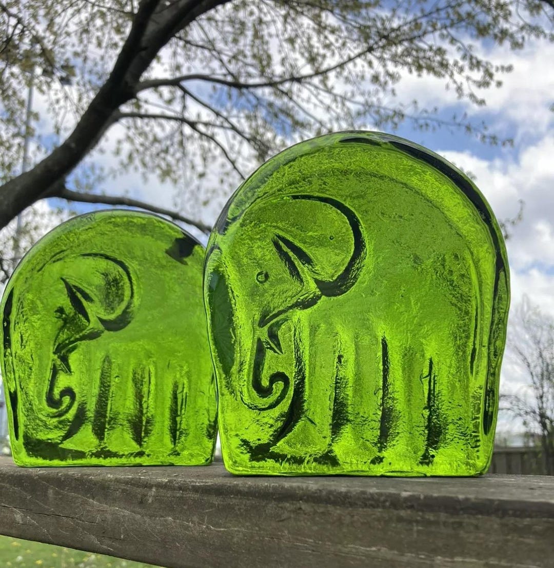 Pair of Elephant Emerald Blenko Glass Bookends by Joel Myers Mid ...