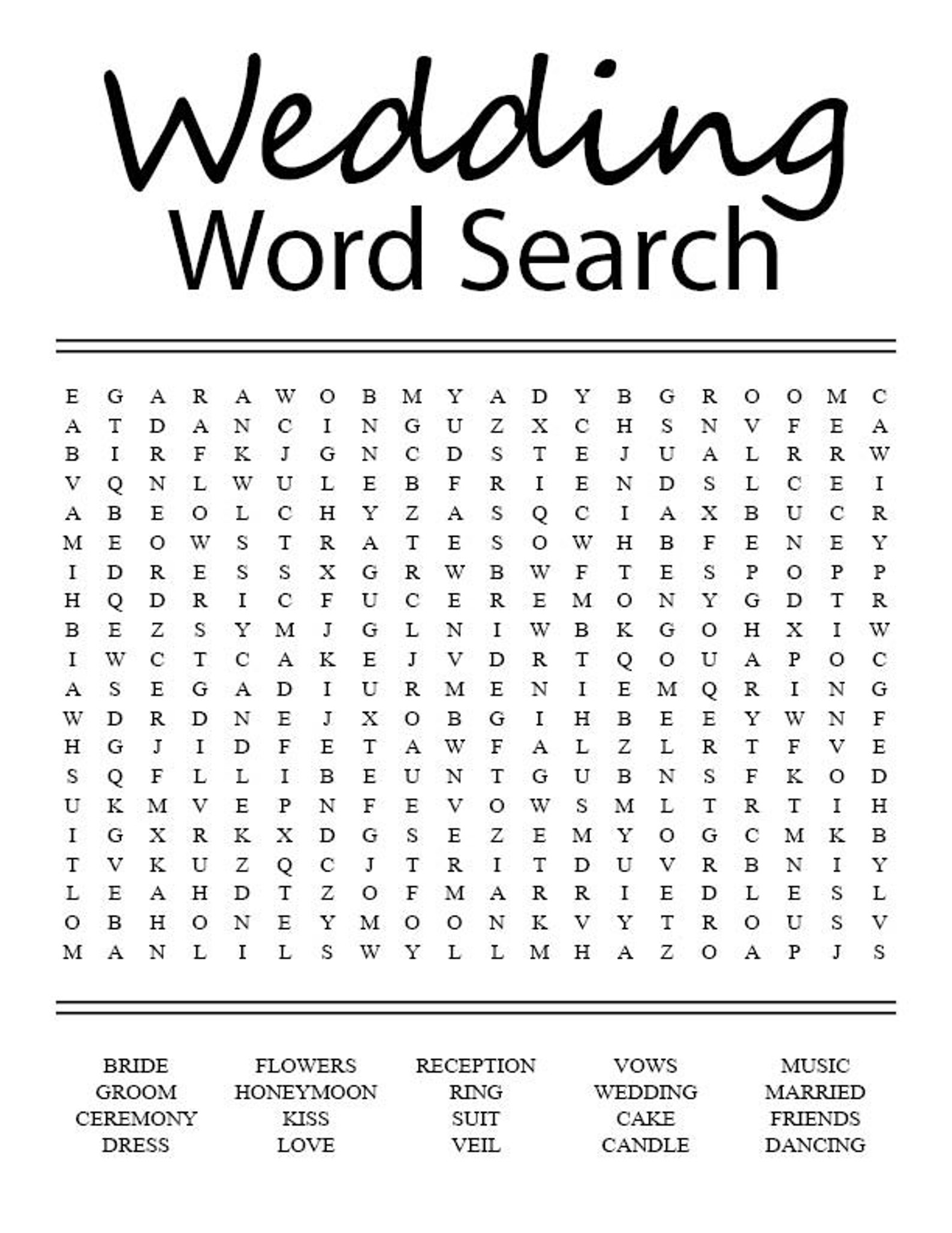 Wedding Themed Word Search