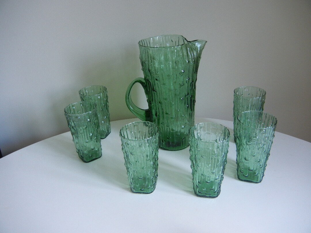 Vintage Bamboo Pattern Glass Pitcher and 6 Drinking Glass Made in Italy ...