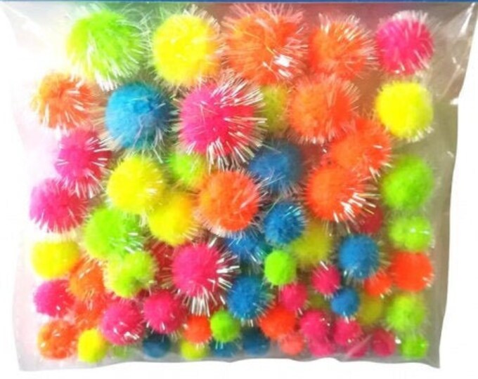Neon Pom Pom Mix With Glitters, 75 Pieces 4 Different Sizes Rainbow Pom ...