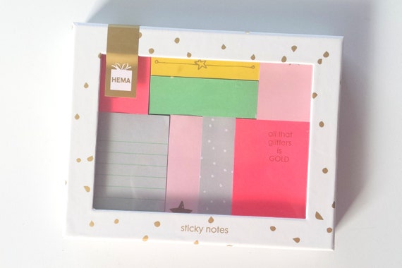 Large set of 8 sticky notes in a cute box with golden details