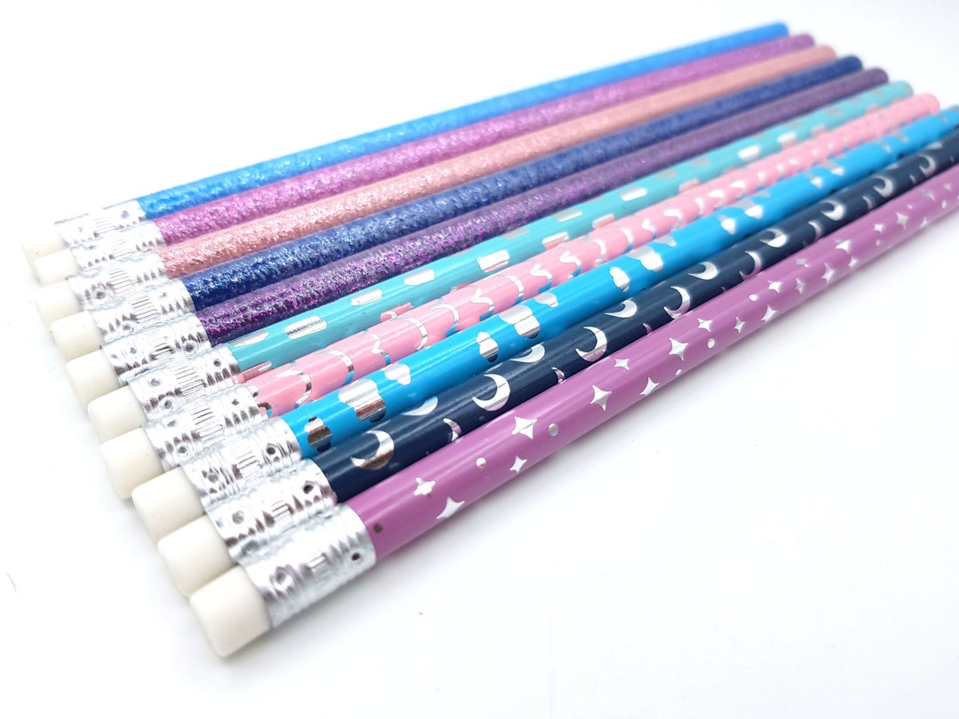 10 Silver Foil and Glitter Pencils, Blue, Pink and Purple Moon Pencils ...
