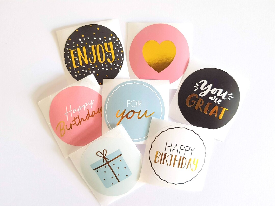 Sticker Mix, 28 Round Stickers With Gold Foil Details Happy Birthday ...