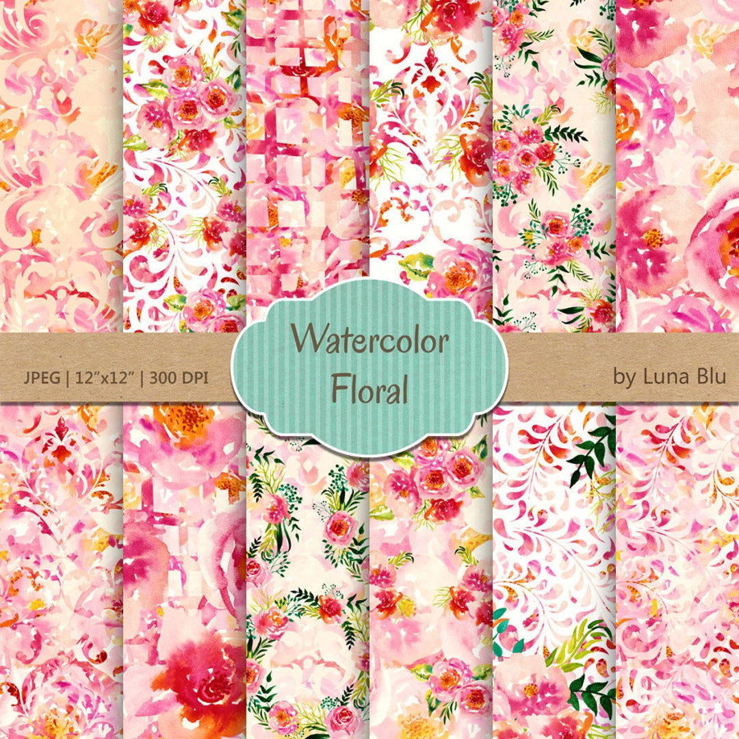 Pink Watercolor Floral Digital Paper: Shabby Chic Scrapbook (digital ...