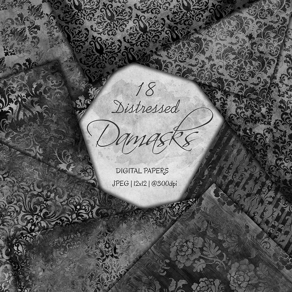 Distressed black digital paper distressed damask digital | Etsy