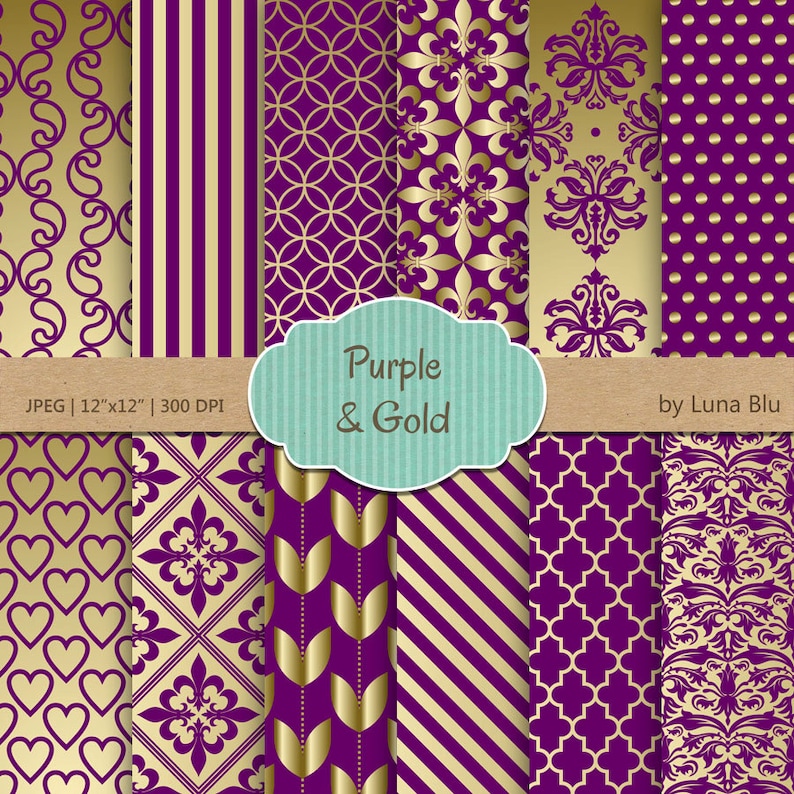 Purple and Gold Digital Paper: Scrapbook Patterns (12x12 Inches) - Etsy