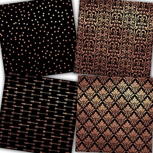 Black and Rose Gold Digital Paper: black and Rose Gold Foil Patterns ...