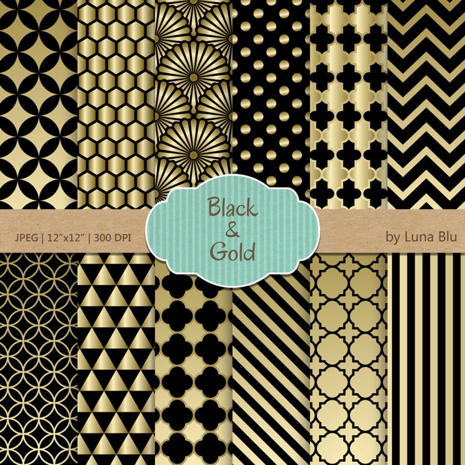 Black and Gold Digital Paper: black and Gold Scrapbook Paper, Geometric ...
