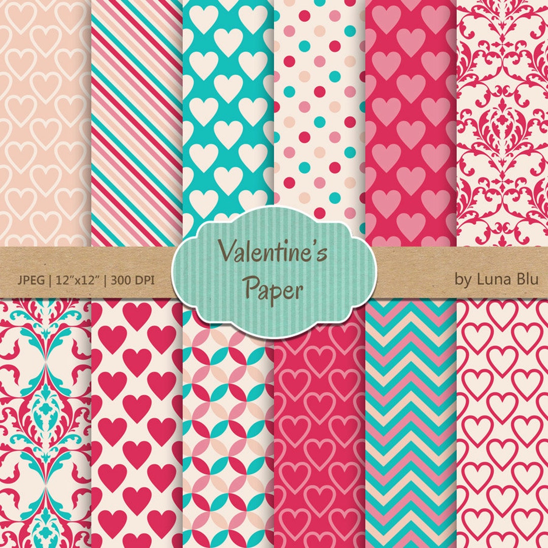 Valentine Digital Paper: " Valentine Paper" Turquoise, Pink and Peach ...