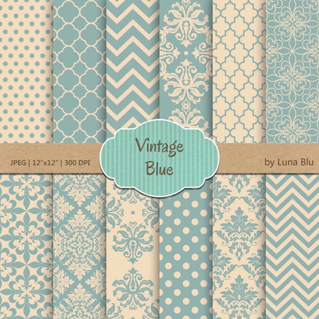 Vintage Blue Digital Paper: "vintage Blue Patterns" Pastel Digital ...