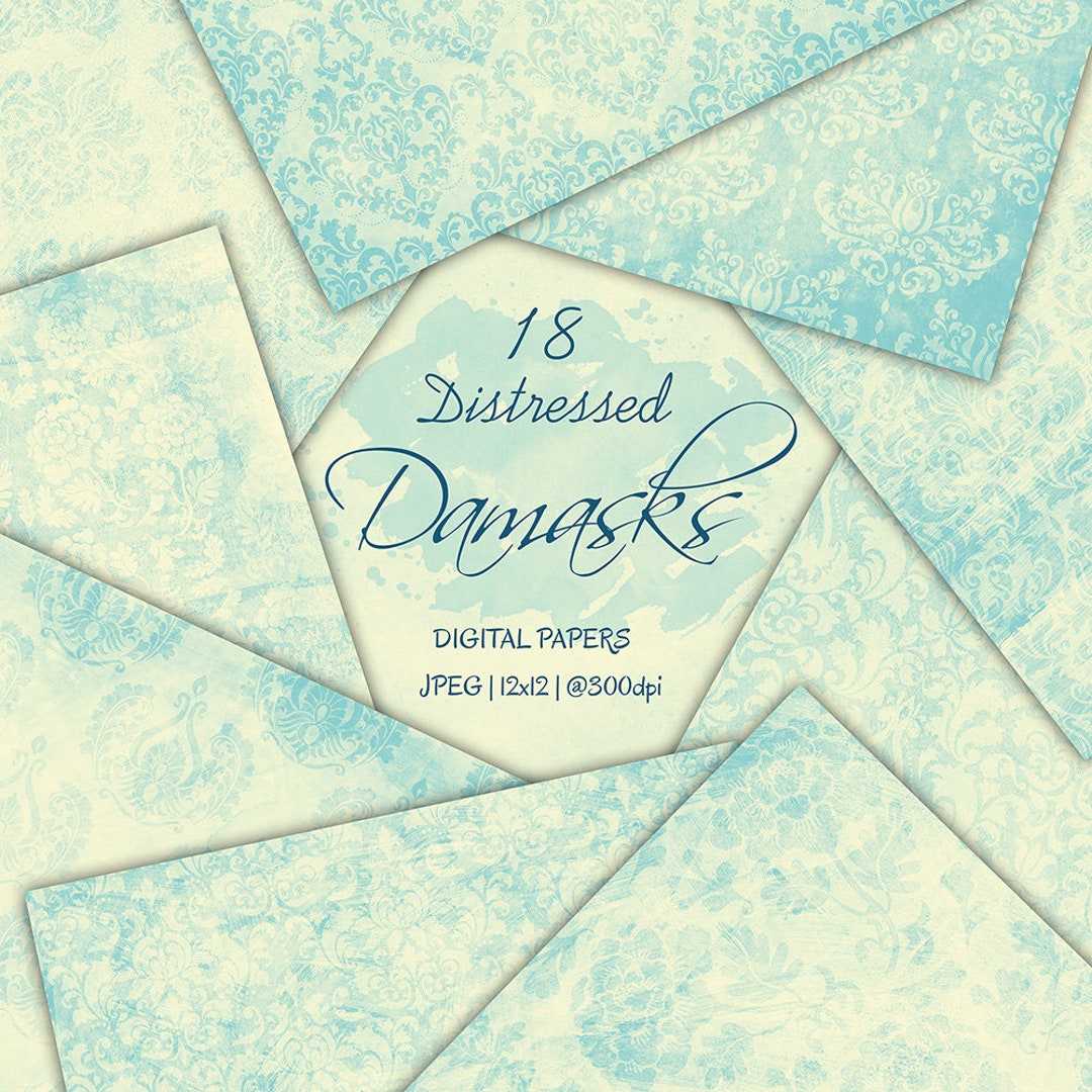 Vintage Blue Distressed Damasks, Blue Grunge Digital Papers, Distressed ...