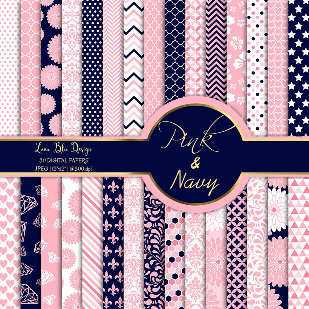 Pink and Navy Digital Paper Pack, Digital Paper Commercial Use, 30 Navy ...