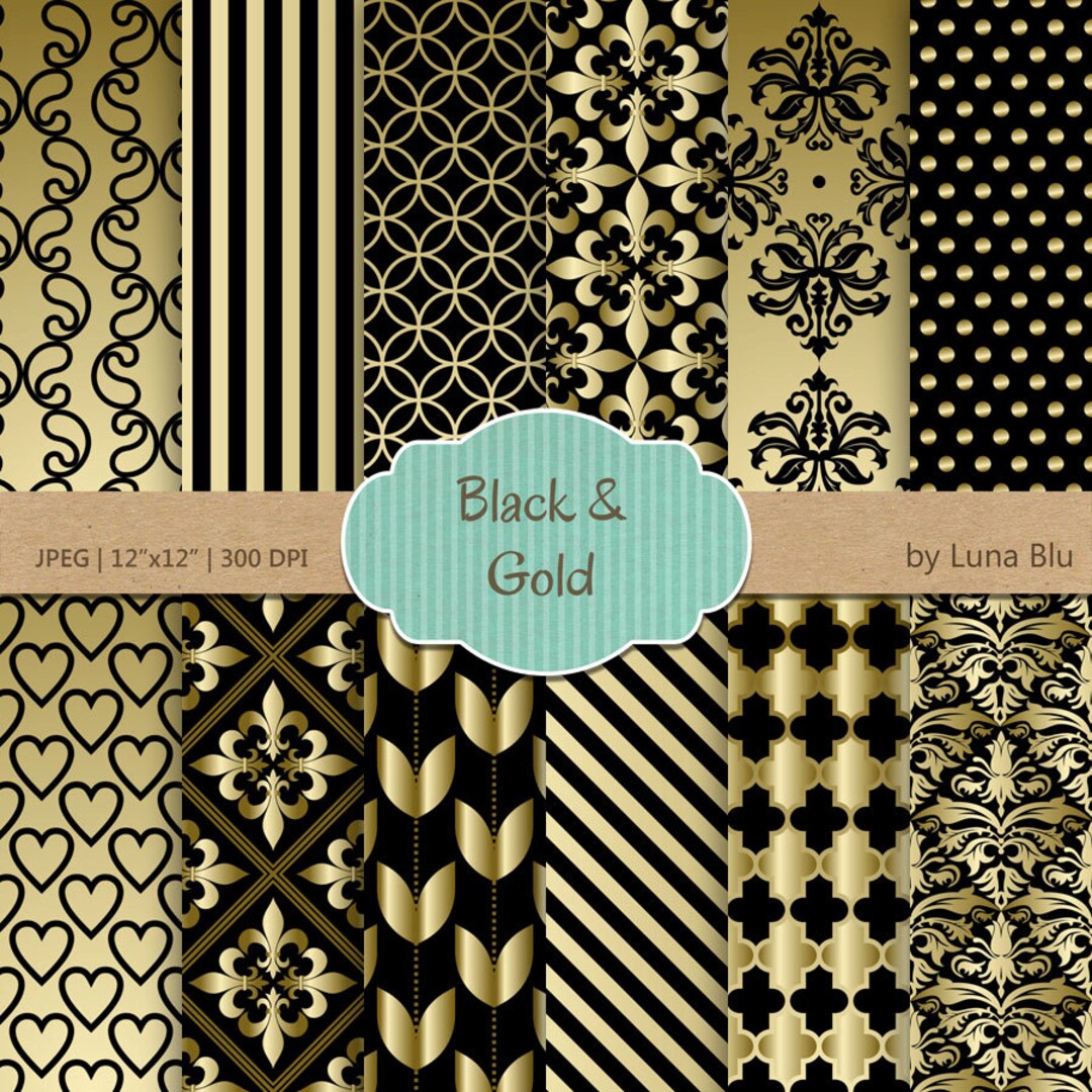 Black and Gold Digital Paper: "black and Gold Patterns " Metallic Gold ...