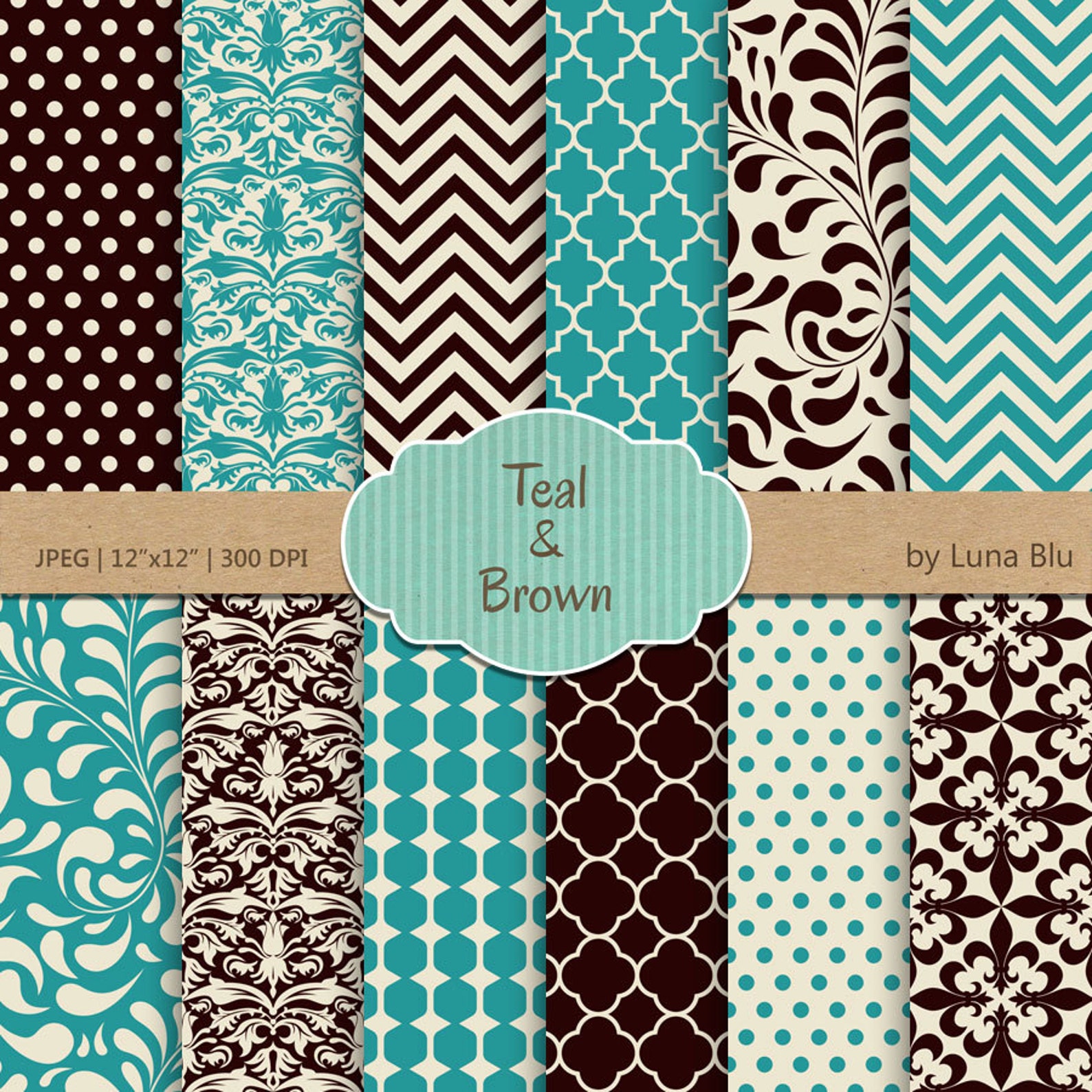 Teal and Brown Digital Paper: Teal and Brown Patterns | Etsy