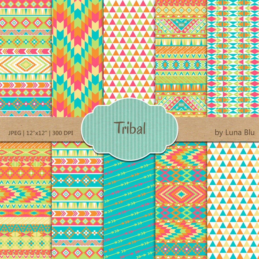 Tribal Digital Paper: "spring Tribal" Patterns Including Triangles ...
