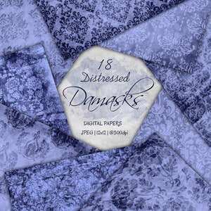 Distressed Damasks, Blue Grunge Digital Papers, Distressed Digital ...