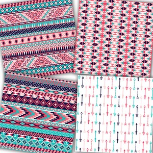 Tribal Digital Paper: "tribal Patterns" Coral Turquoise and Navy Tribal ...
