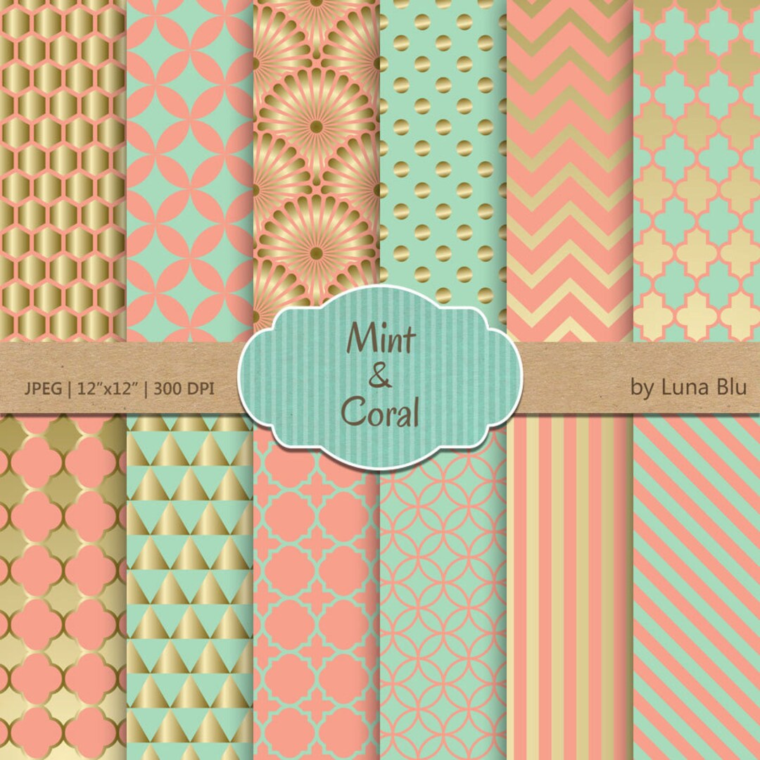 Coral Mint Gold Digital Paper: Wedding Scrapbook Patterns (digital ...