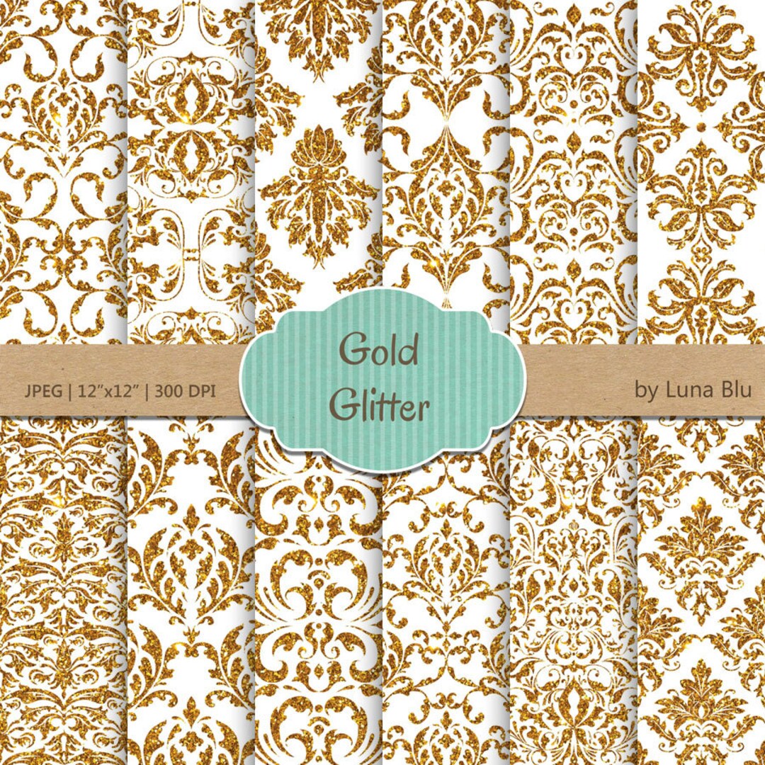 Gold Damask Digital Paper Pack: "gold Glitter Damask" Gold Glitter ...