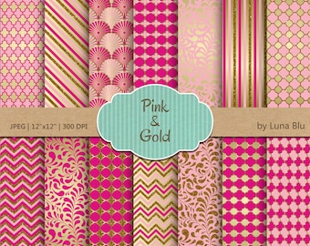Pink and Gold Digital Paper Pack Digital Patterns Watercolor - Etsy