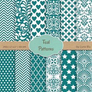 Teal Digital Paper: "teal Patterns" Blue Gray, Blue Green, Indigo ...