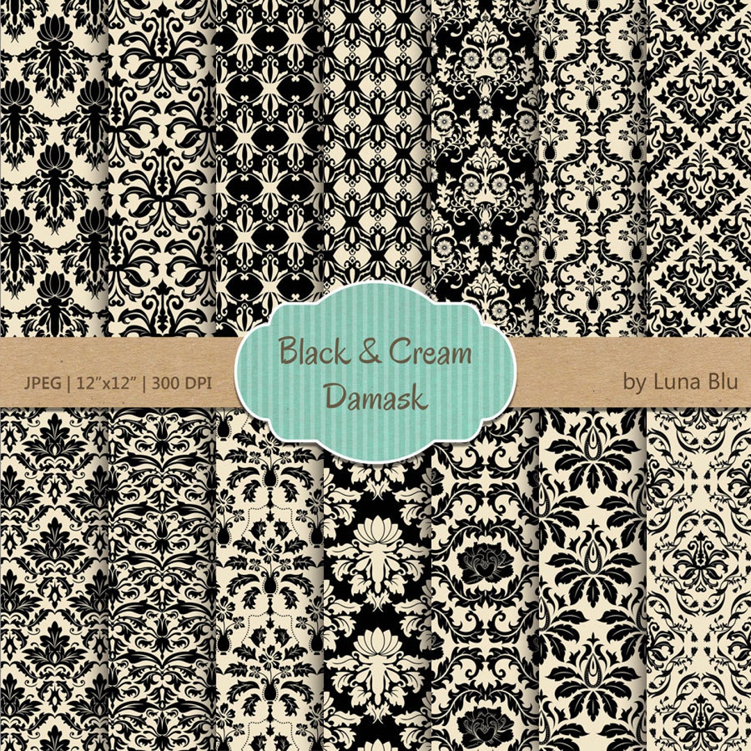 Black and Cream Digital Paper: "black and Cream" Damask Patterns ...
