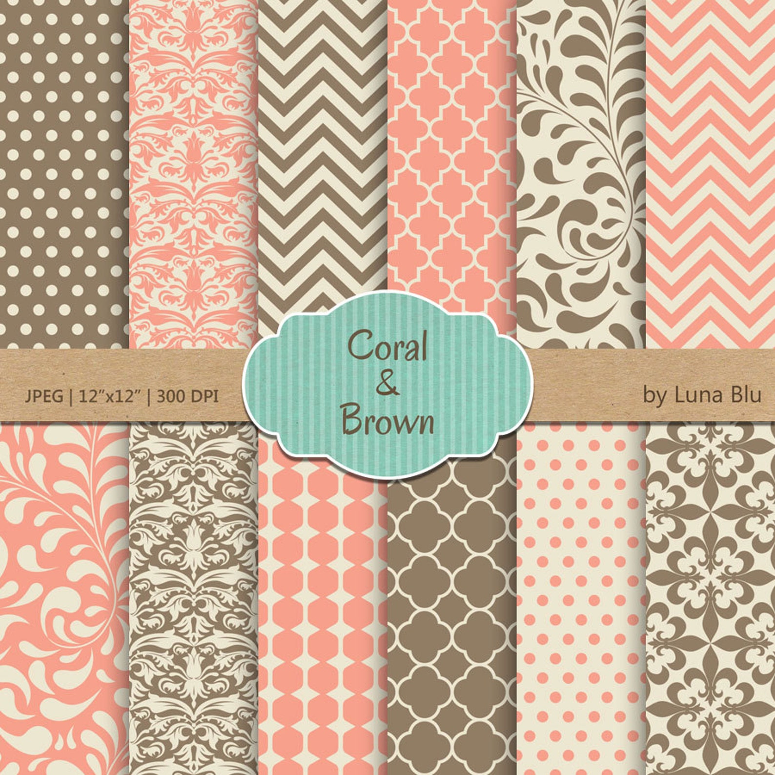 Coral and Brown Digital Paper: Coral and Brown Patterns | Etsy