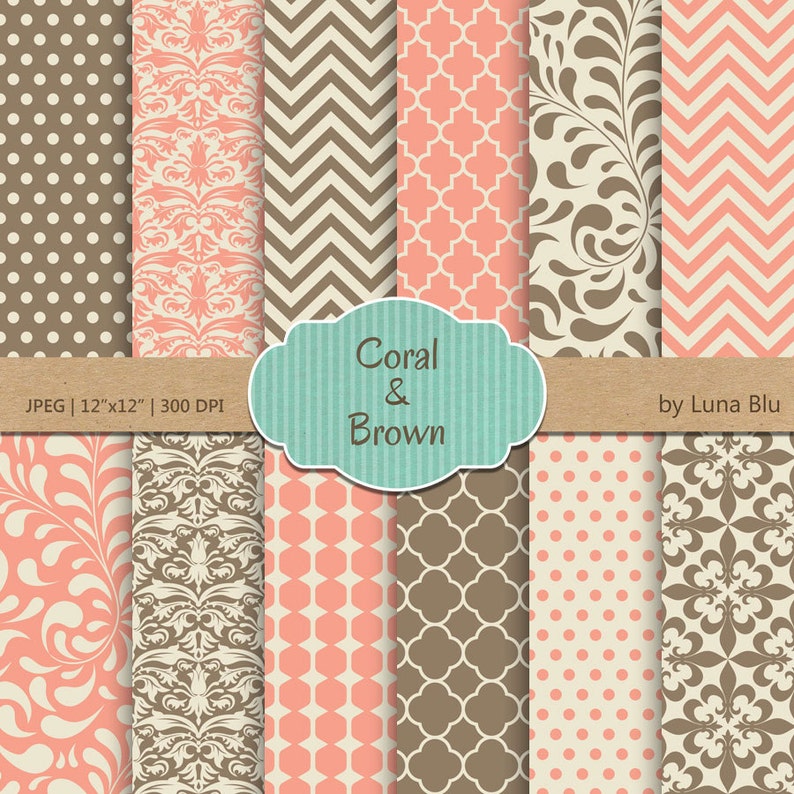 Coral and Brown Digital Paper: Coral and Brown Patterns | Etsy