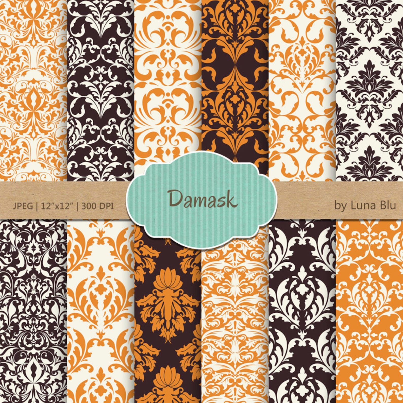 Damask Digital Paper: orange and Brown Damasks | Etsy