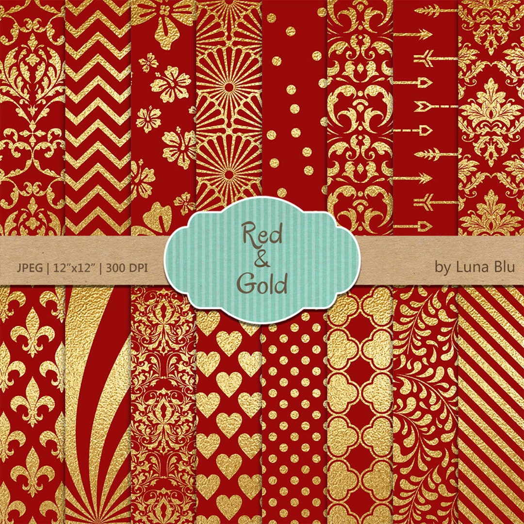 Red and Gold Digital Paper: "red and Gold Foil Patterns" Red Digital ...