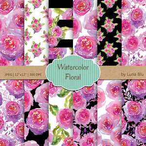 Watercolor Floral Digital Paper: "watercolor Floral" Purple Floral ...