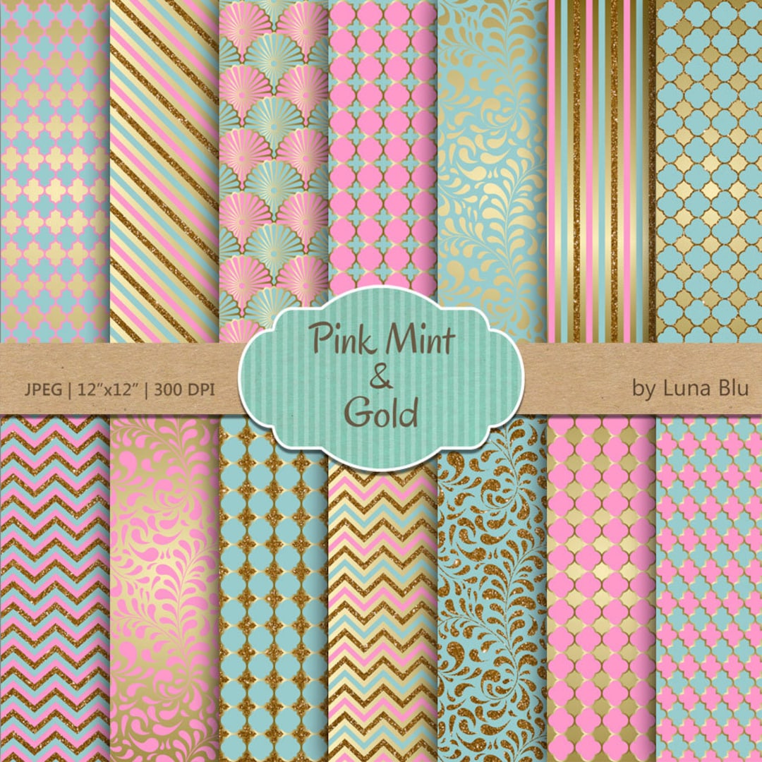 Pink Mint and Gold Digital Paper: "pink Mint and Gold Patterns ...