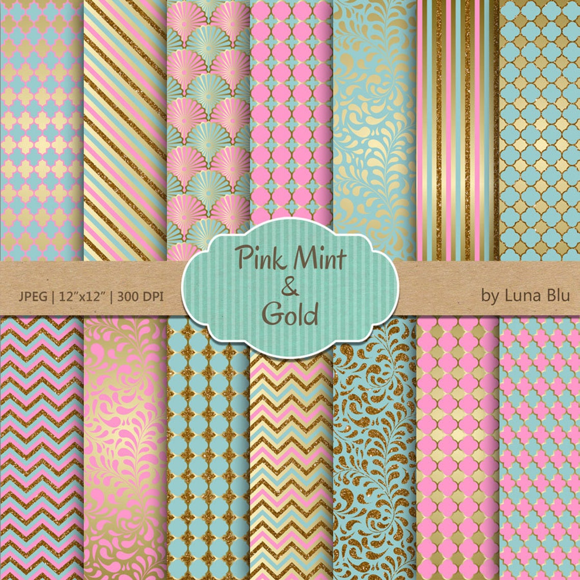 Pink Mint and Gold Digital Paper: pink Mint and Gold - Etsy