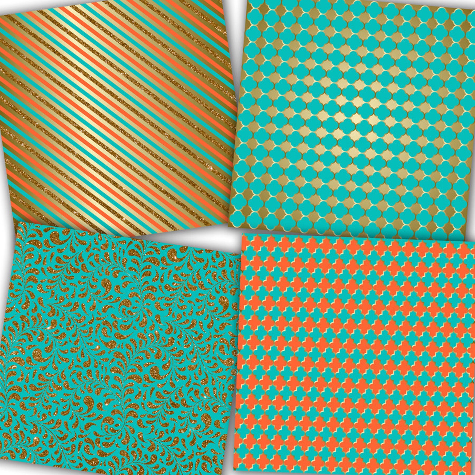 Turquoise Orange and Gold Digital Paper: turquoise - Etsy