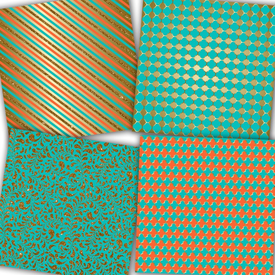 Turquoise Orange and Gold Digital Paper: turquoise - Etsy
