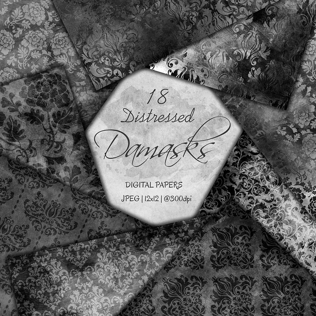 Distressed Black Digital Paper, Distressed Damask Digital Paper, Black ...