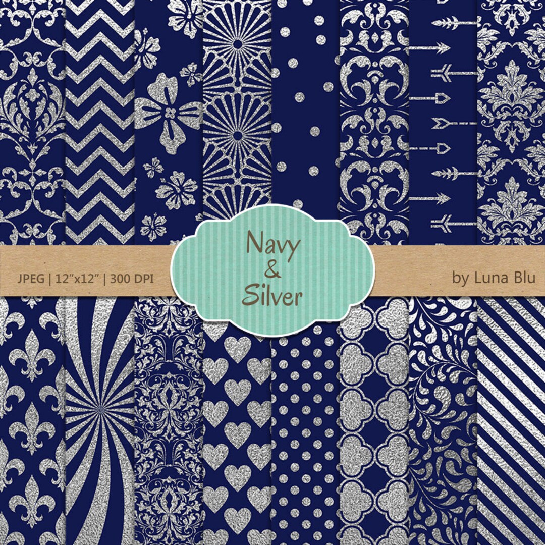 Navy and Silver Digital Paper: "silver Foil Patterns" Navy Digital ...