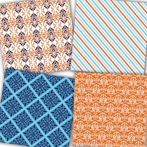Damask Digital Paper: "orange and Blue Damask " Blue Digital Paper for ...