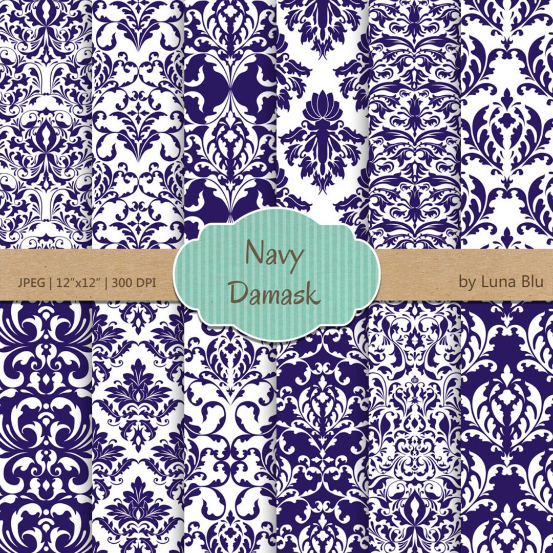 Navy Digital Paper: "navy Damask " Scrapbook Paper, Blue Digital Paper ...