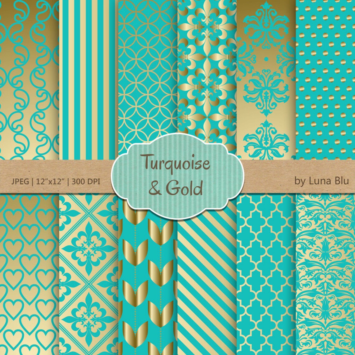 Turquoise and Gold Digital Paper: turquoise and Gold | Etsy