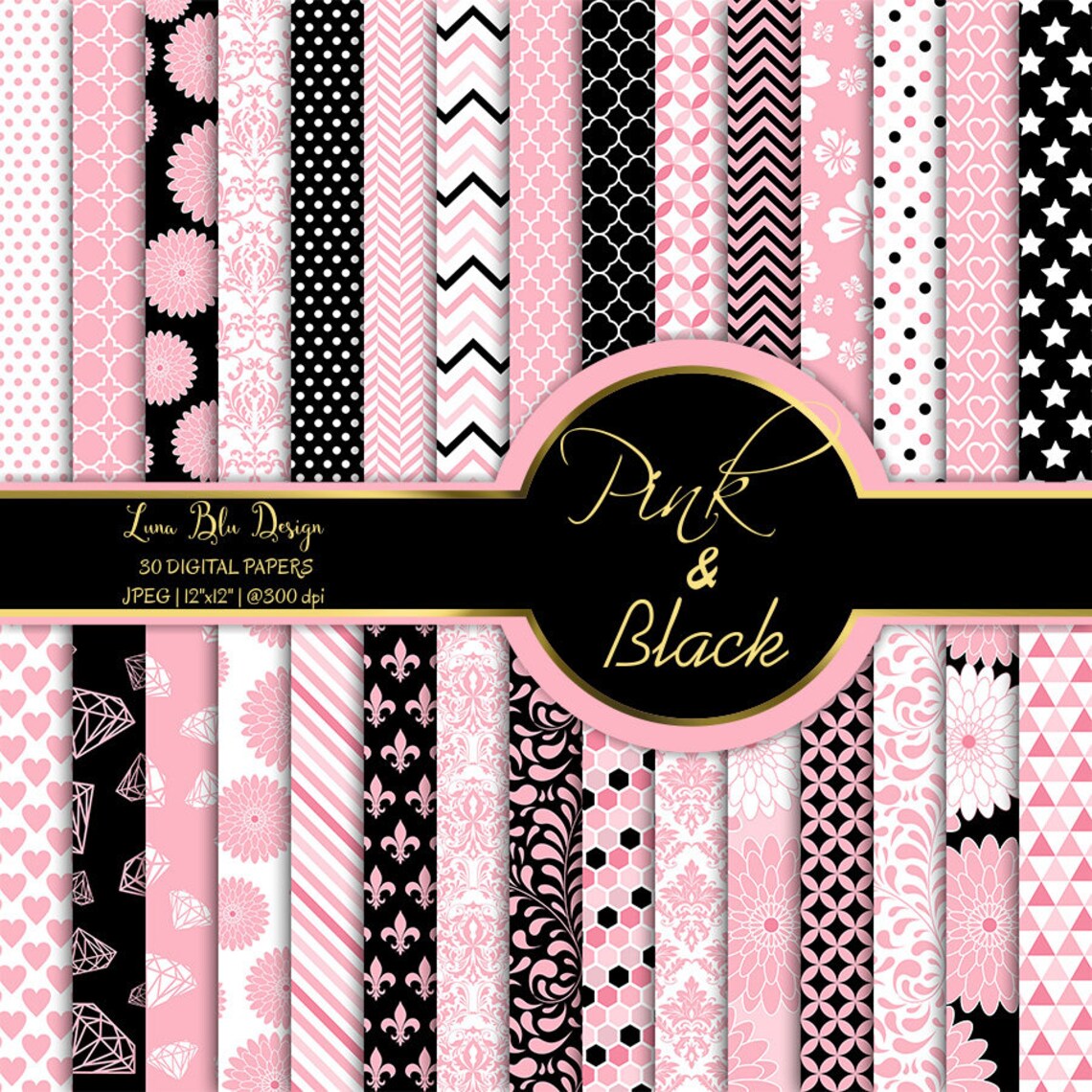 Pink & Black Digital Paper Pack: Scrapbook Backgrounds (12x12, 300dpi ...